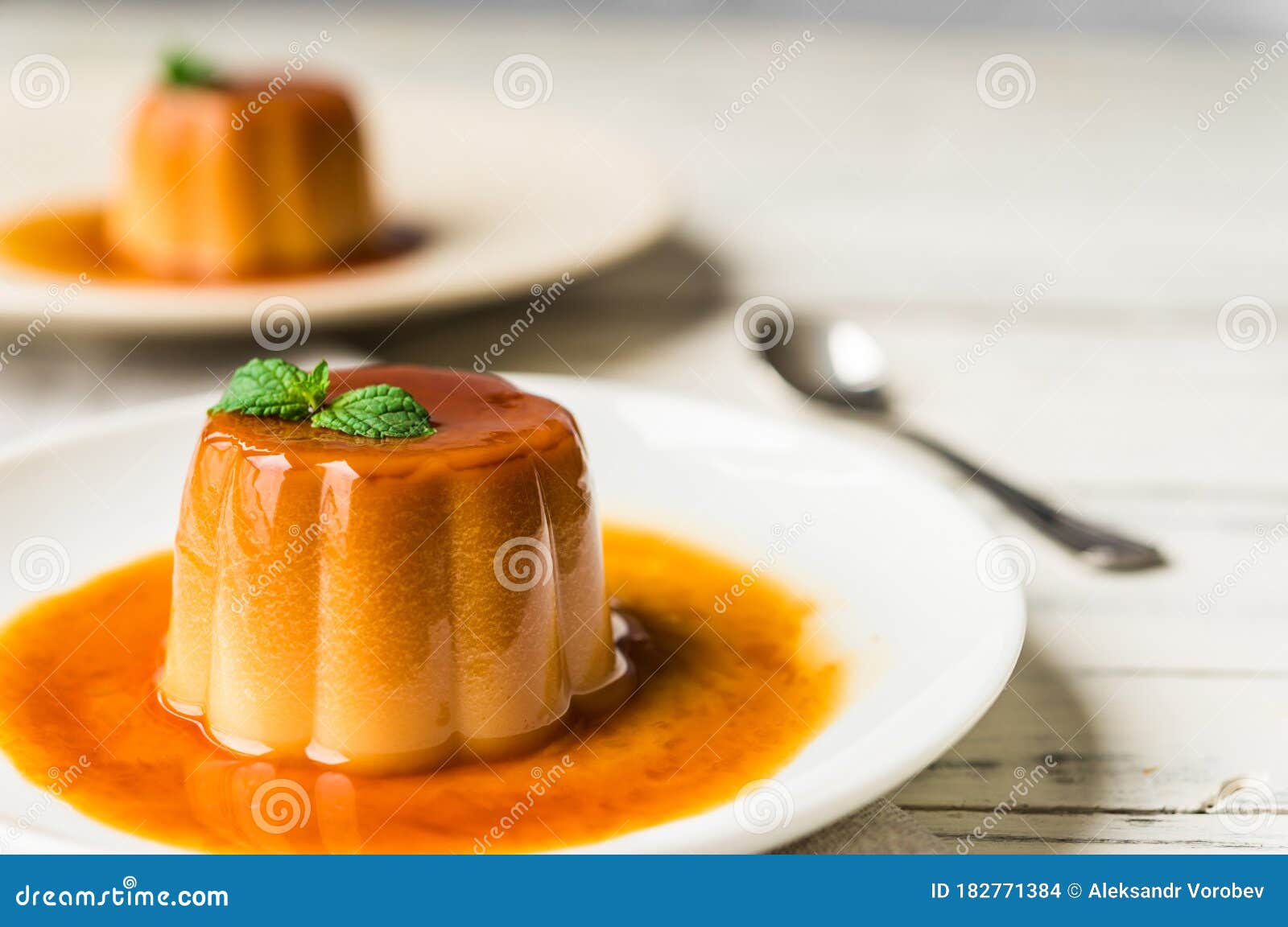 Close Up of a Flan Creme Caramel Pudding with Mint, a Custard Dessert ...