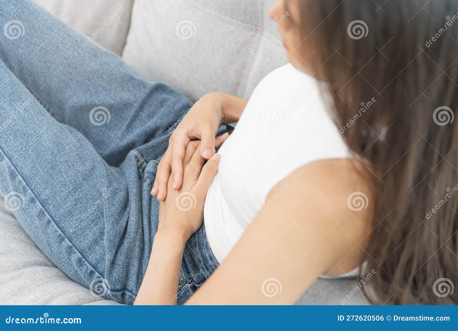 Close Up Flatulence Asian Young Woman Girl Hand In Stomach Ache Suffer