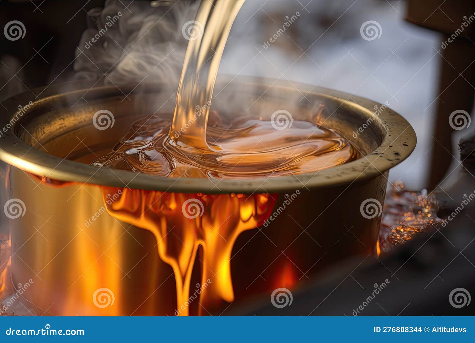 Close-up of Flowing Maple Sap, with Steam Rising from the Evaporator ...
