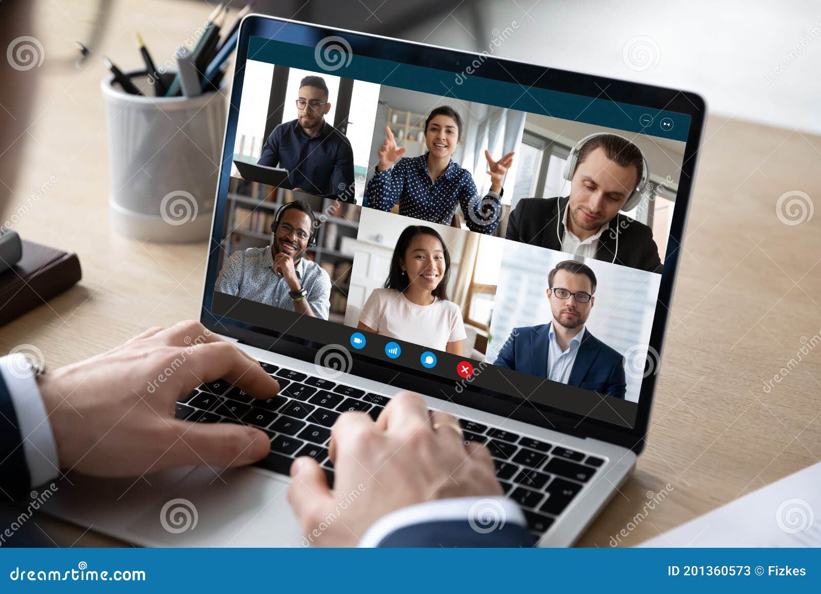 Happy Multiracial Colleagues Holding Online Video Conference Call ...