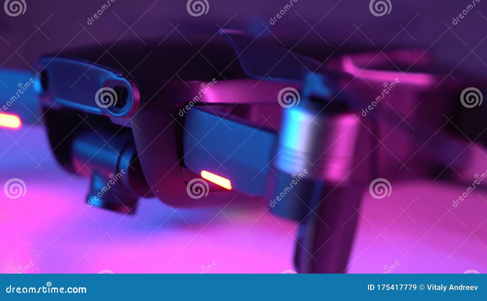 Close Up Footage of Drone Turn on Table and Lift Up Camera. Stock Image ...