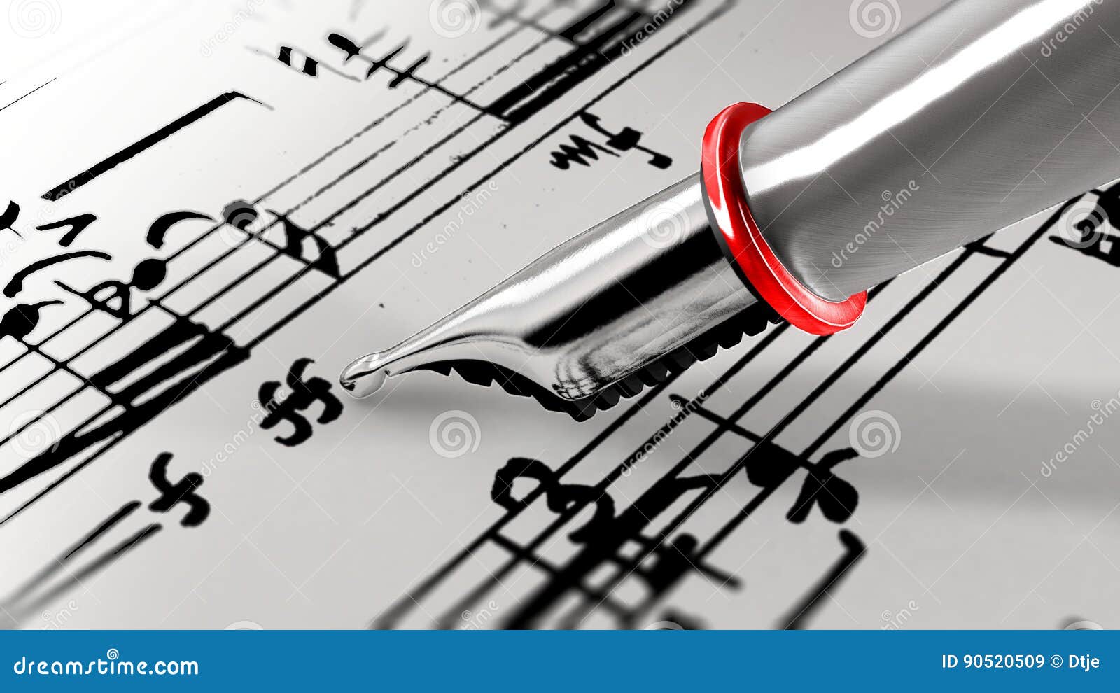 Close-up on a Fountain Pen of a Music Composer. 3D Rendering. Stock ...