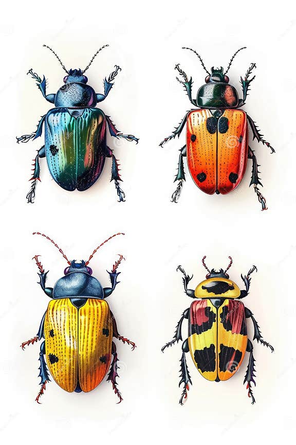 Close-up of Four Differently Colored Insects on a White Background ...