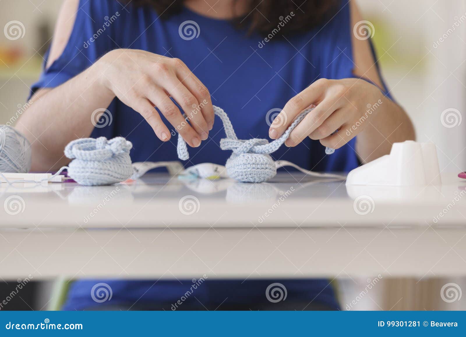 Close Up of a Freelance Woman Working with Woolen Crafts Stock Image ...