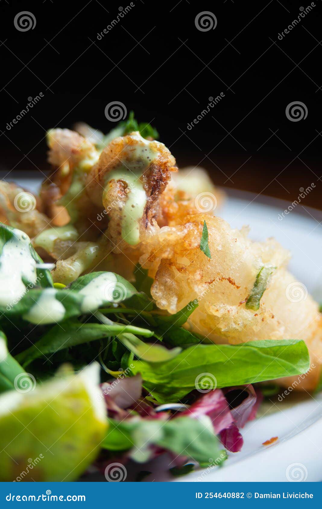 Close Up of Fried Baby Squid Dish with Salad Stock Photo - Image of ...
