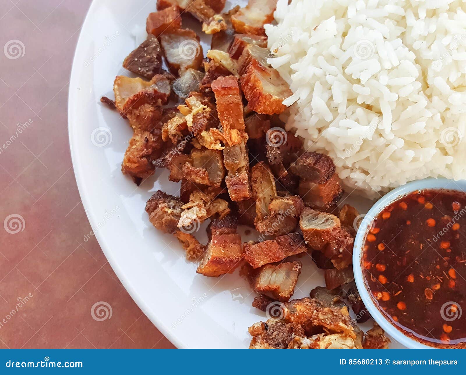 Close-up,fried Pork Belly with Spicy Sauce Served on Rice. Stock Image ...