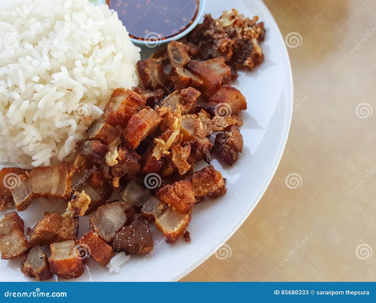 Close-up,fried Pork Belly with Spicy Sauce Served on Rice. Stock Image ...