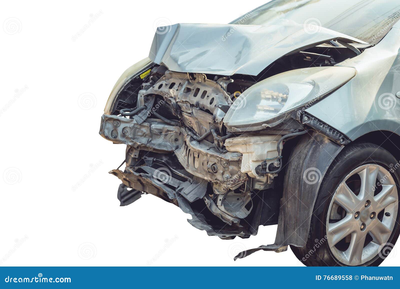 Close Up Front of Accident Car by Crashed Isolated on White Stock Photo ...