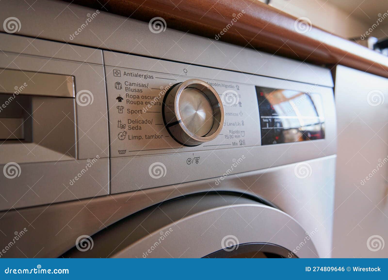 Close-up of the Front of a Gray Washing Machine Turned on Stock Photo ...