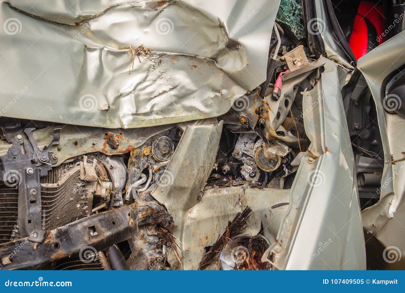 Close-up Front of New Silver Car Distorted by Accident. Crashed Stock ...