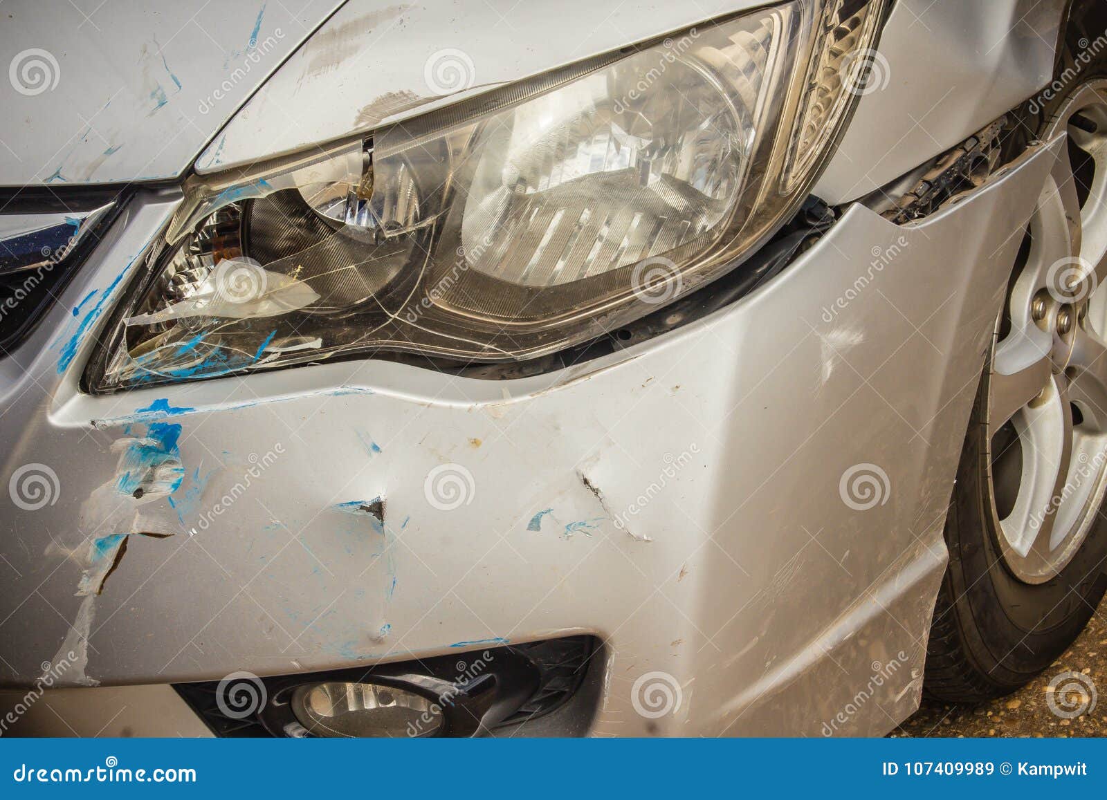 Close-up Front of New Silver Car Distorted by Accident. Crashed Stock ...