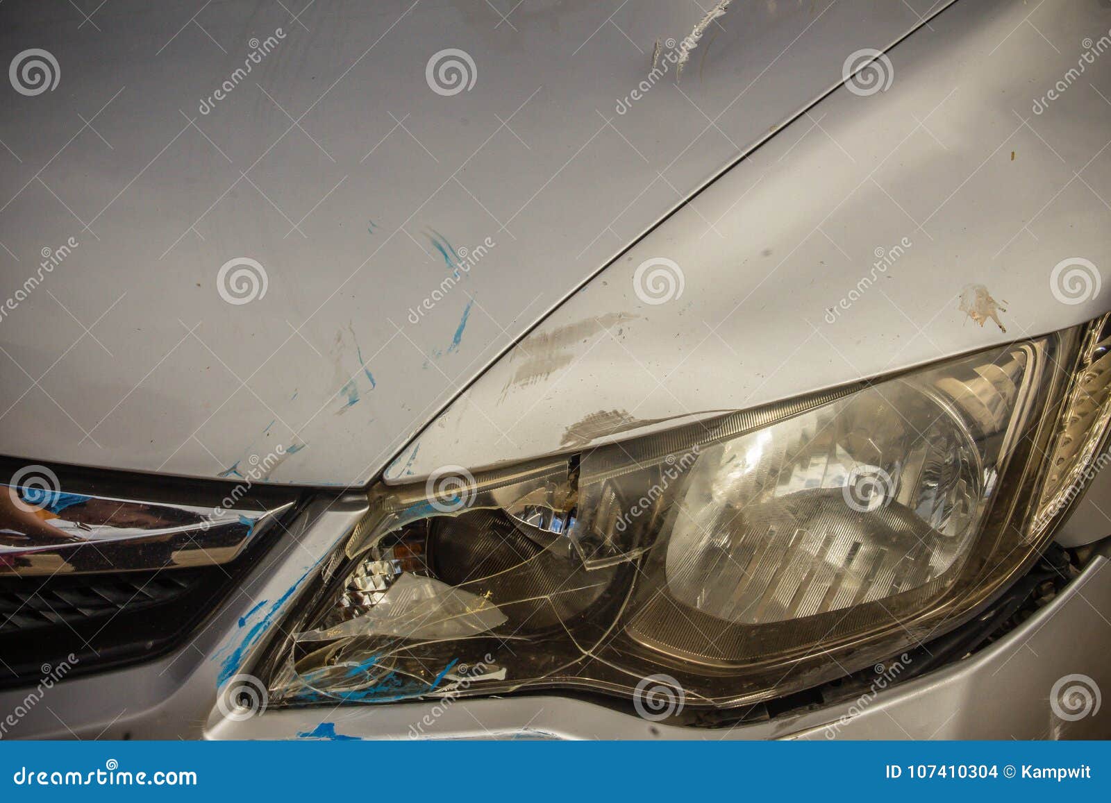 Close-up Front of New Silver Car Distorted by Accident. Crashed Stock ...