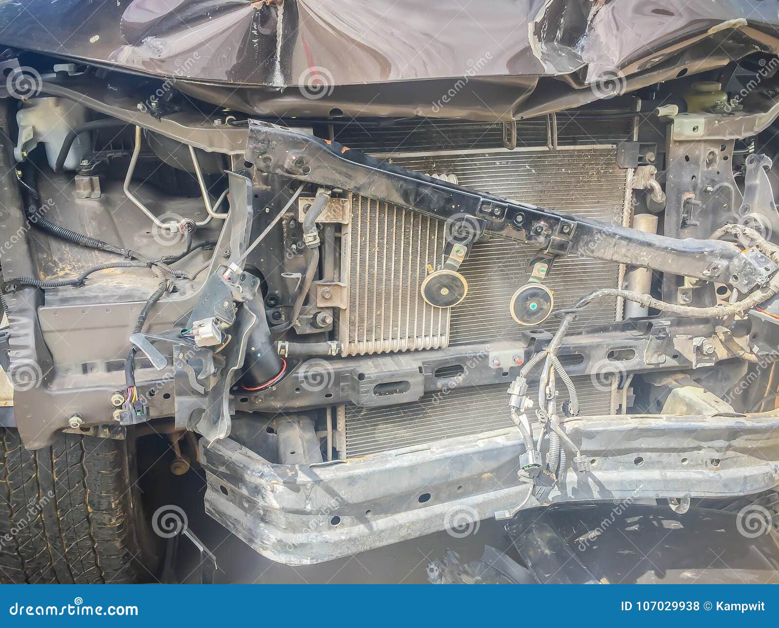 Close-up Front of New Silver Car Distorted by Accident. Crashed Stock ...