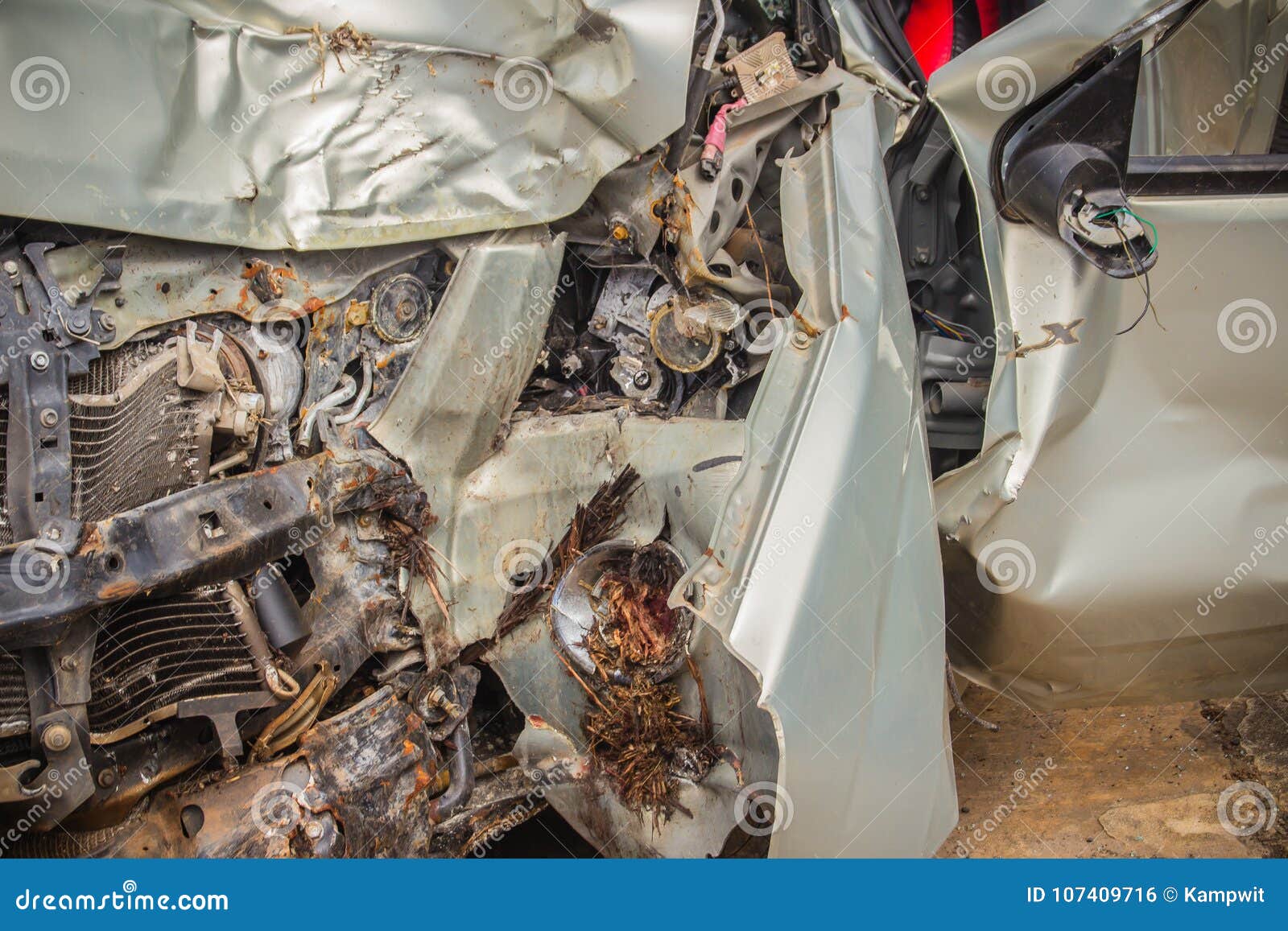 Close-up Front of New Silver Car Distorted by Accident. Crashed Stock ...