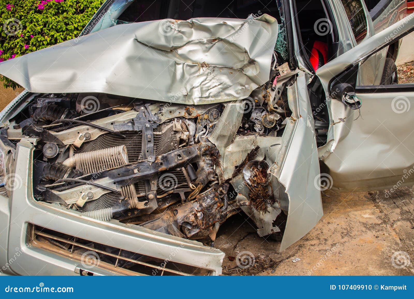 Close-up Front of New Silver Car Distorted by Accident. Crashed Stock ...