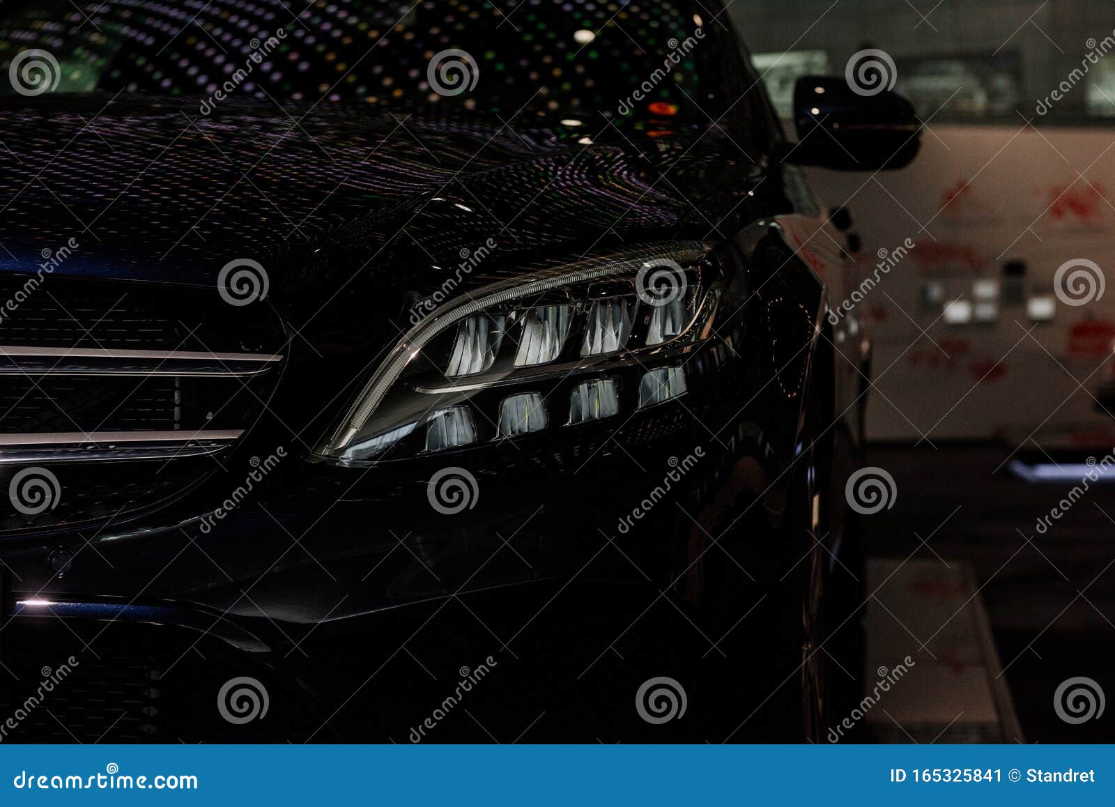 Close Up, Front Side View of Left Led Headlight and Chrome Radiator ...