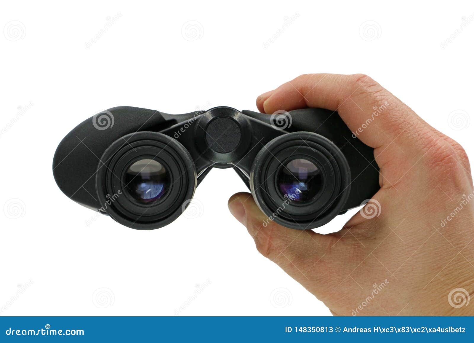 Close Up, Front View of Hand Holding Black Binoculars on White ...