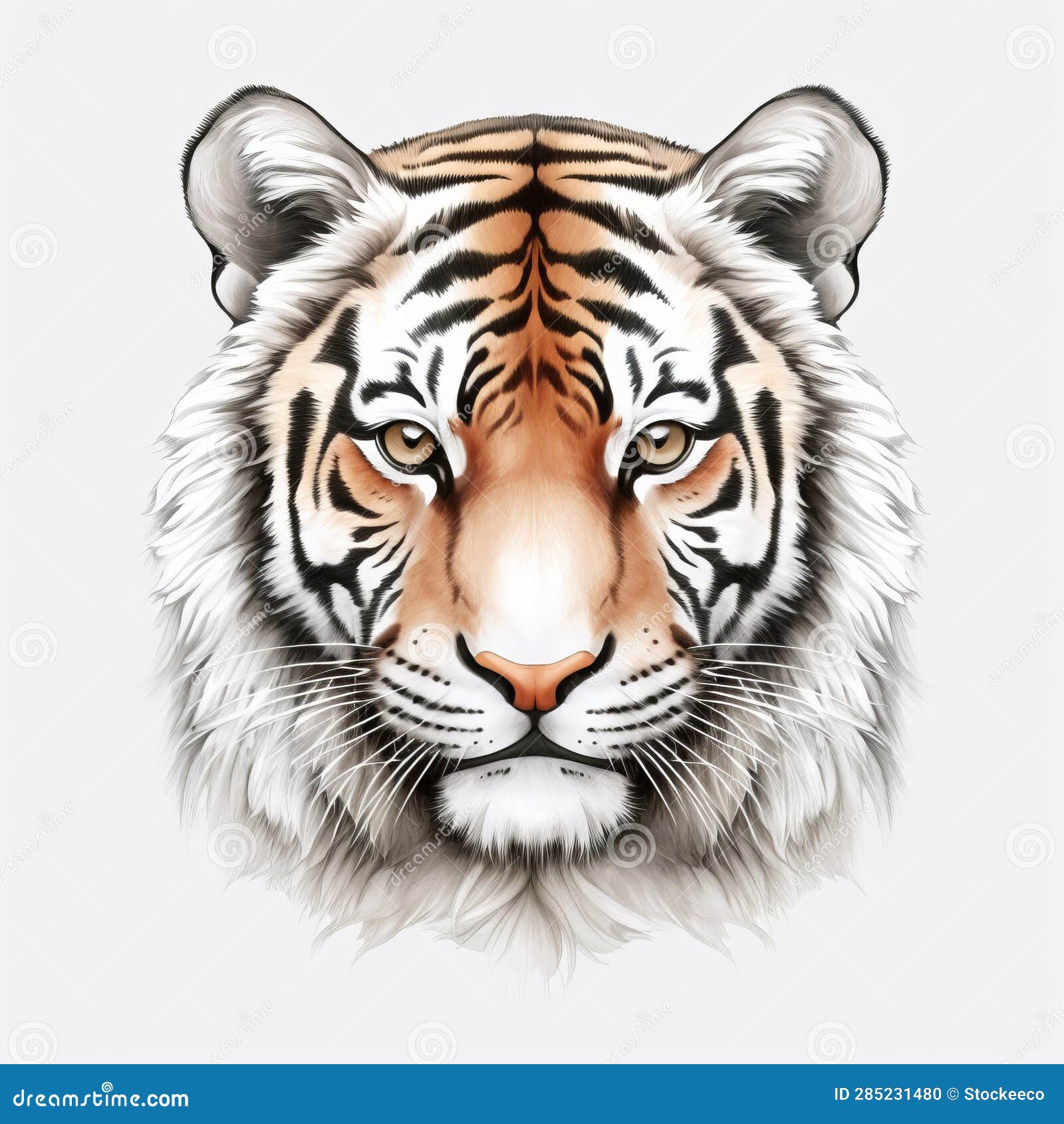 Close-up Tiger Drawing: Front View on White Background Stock ...