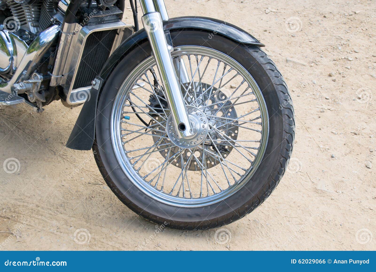 Close Up Front Wheel Motorcycle Chopper on the Floor. Stock Photo ...