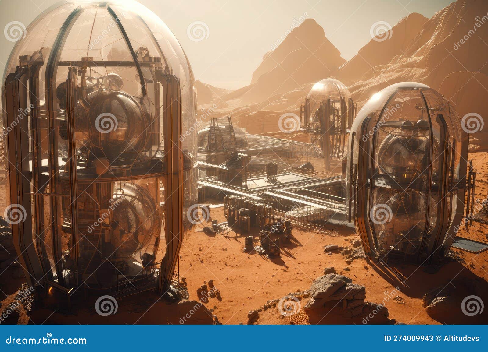 Close-up of Futuristic Colony on Mars with Glass and Metal Structures ... Close-up of Futuristic Colony on Mars with Glass and Metal Structures ...