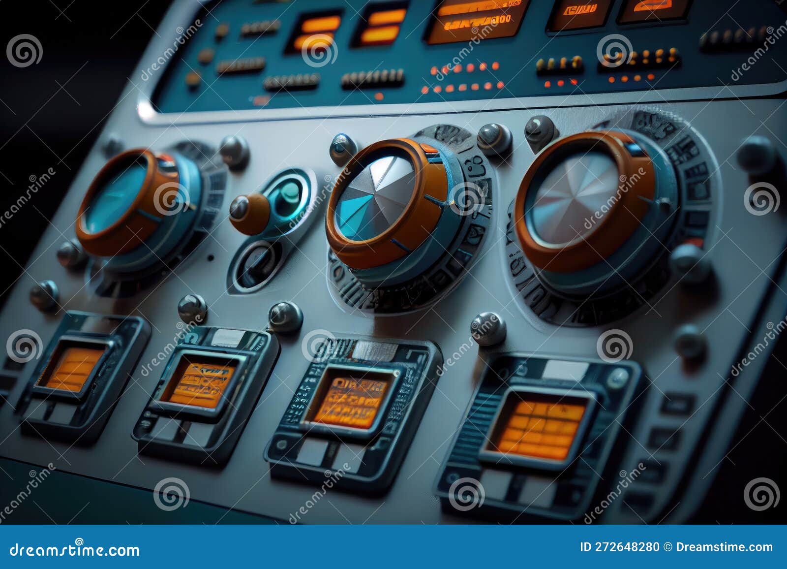 Close-up of Futuristic Control Panel, with Buttons and Dials Operating ...