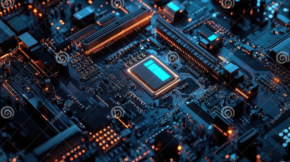 Close Up of a Futuristic Microprocessor on a Circuit Board with Glowing ...
