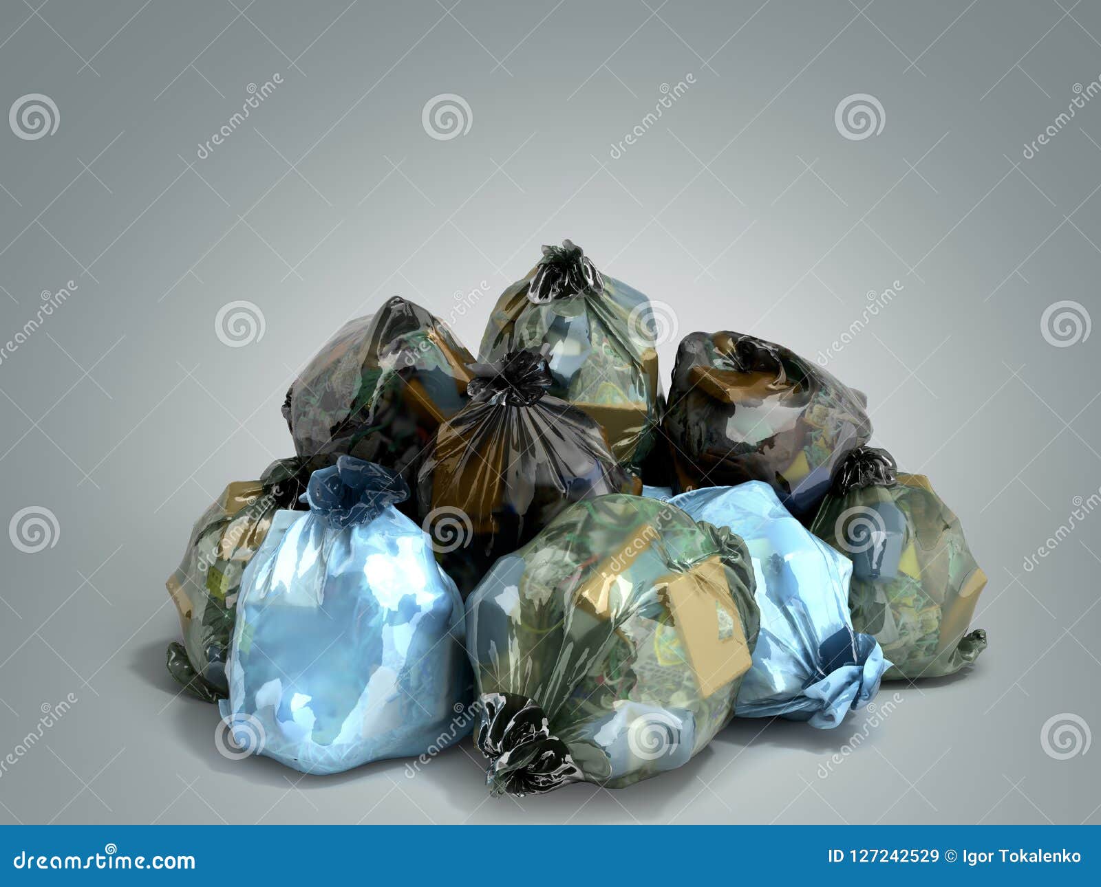 Close Up of a Garbage Bags Stack 3d Render on Grey Background Stock ...
