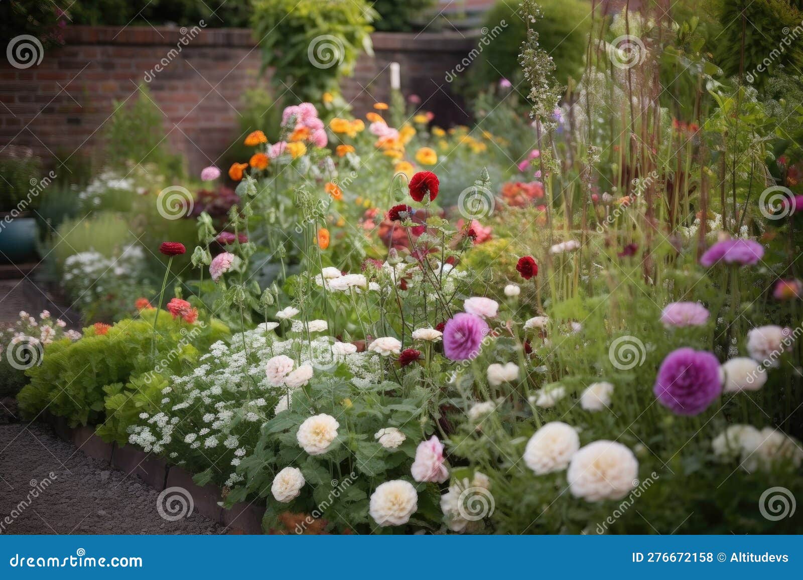 Close-up of Garden with Delicate Blooms and Greenery in the Foreground ...