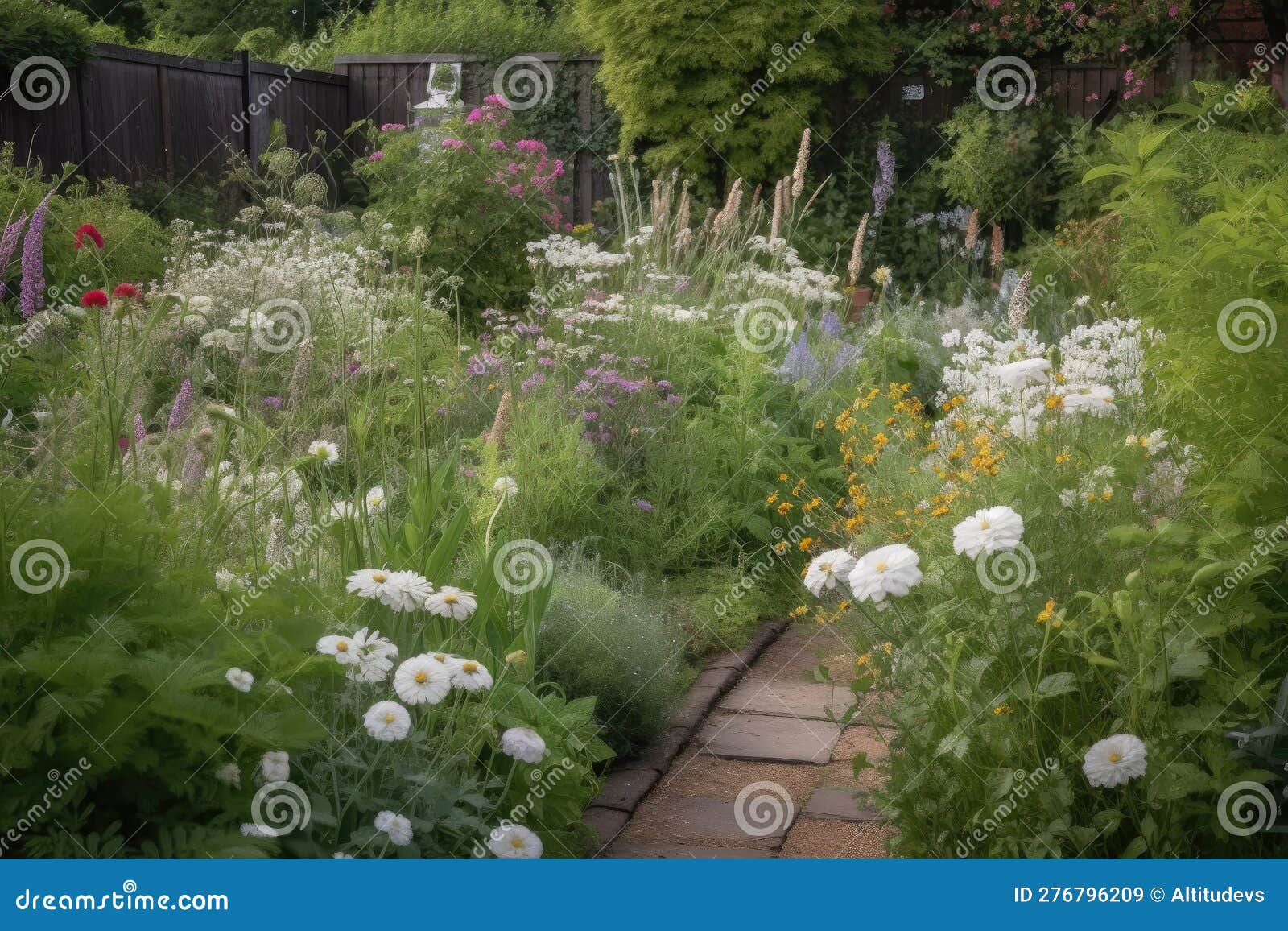 Close-up of Garden with Delicate Blooms and Greenery in the Foreground ...
