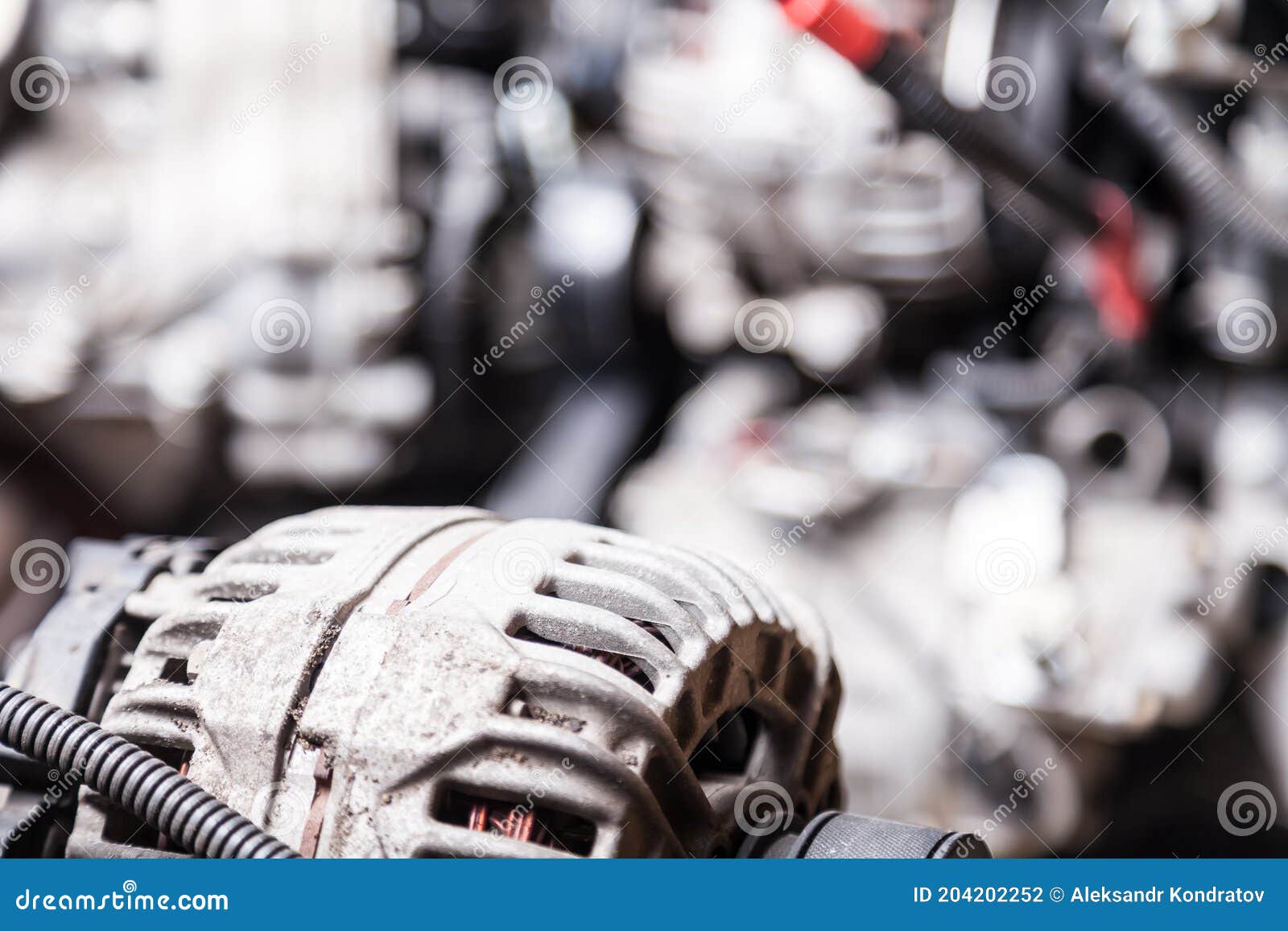Close-up of the Generator on an Engine with a Bypass Belt is a Part in ...