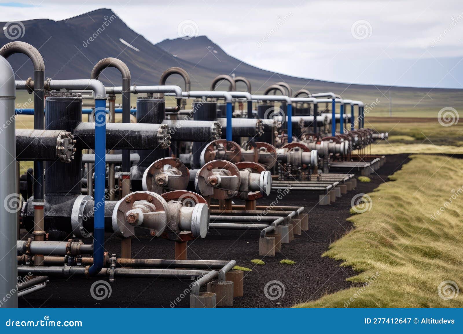 Close-up of Geothermal Energy Conversion System, with Pipes and Valves ...