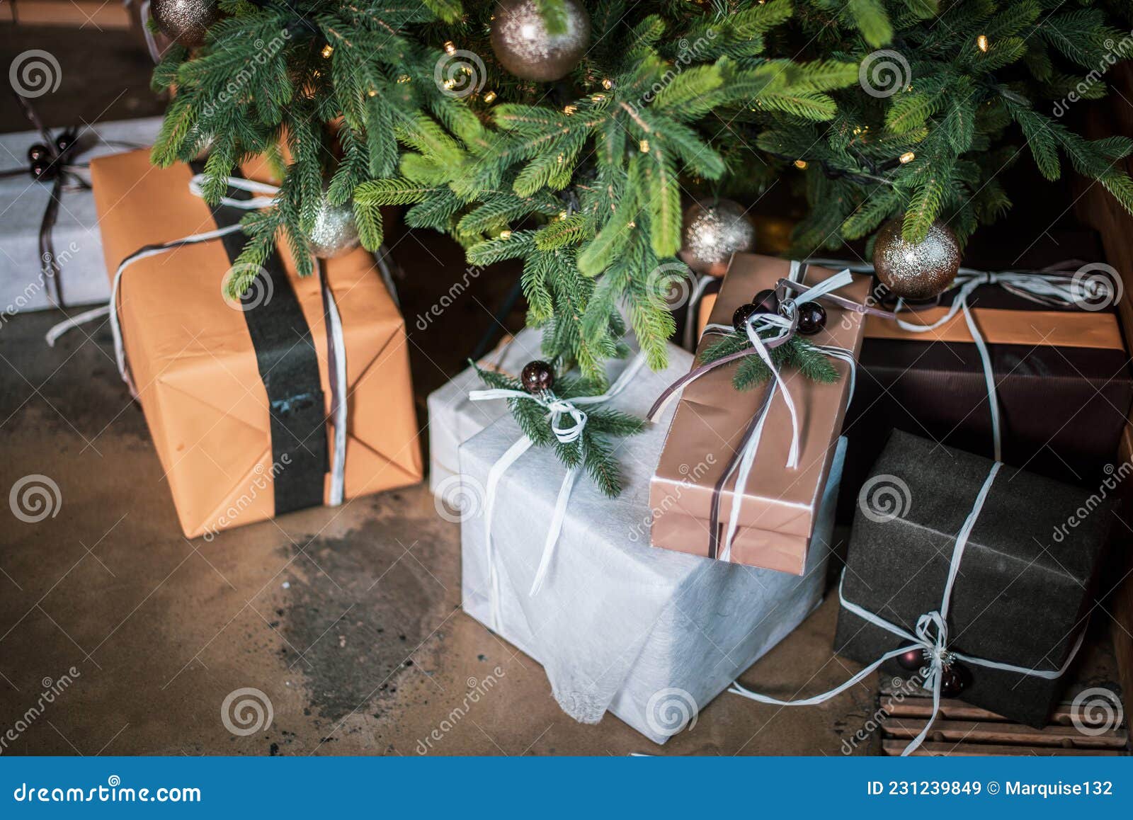 Close Up. Gift Boxes Under the Christmas Tree Stock Image - Image of ...