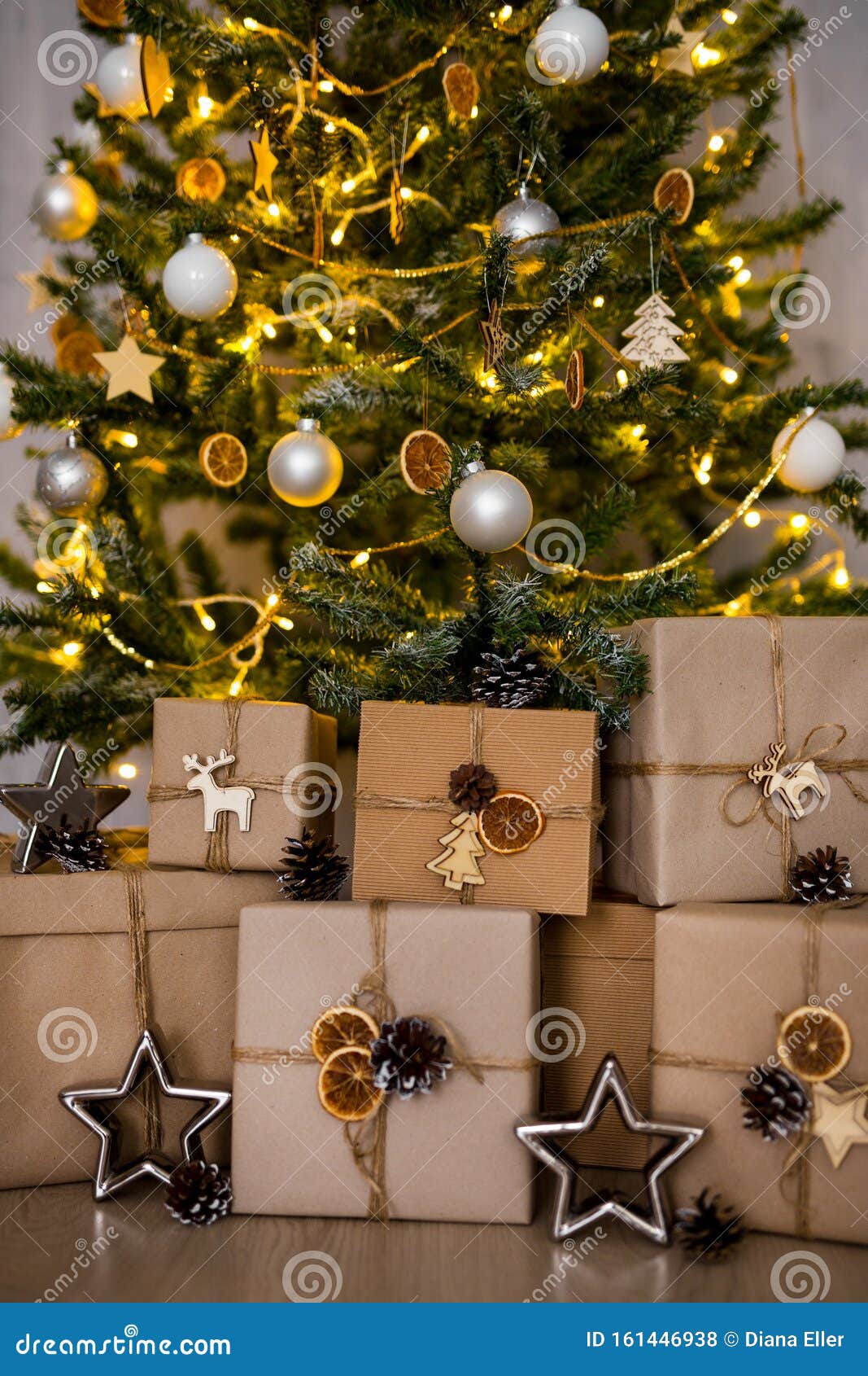 Close Up of Gift Boxes Under Decorated Christmas Tree Stock Photo ...