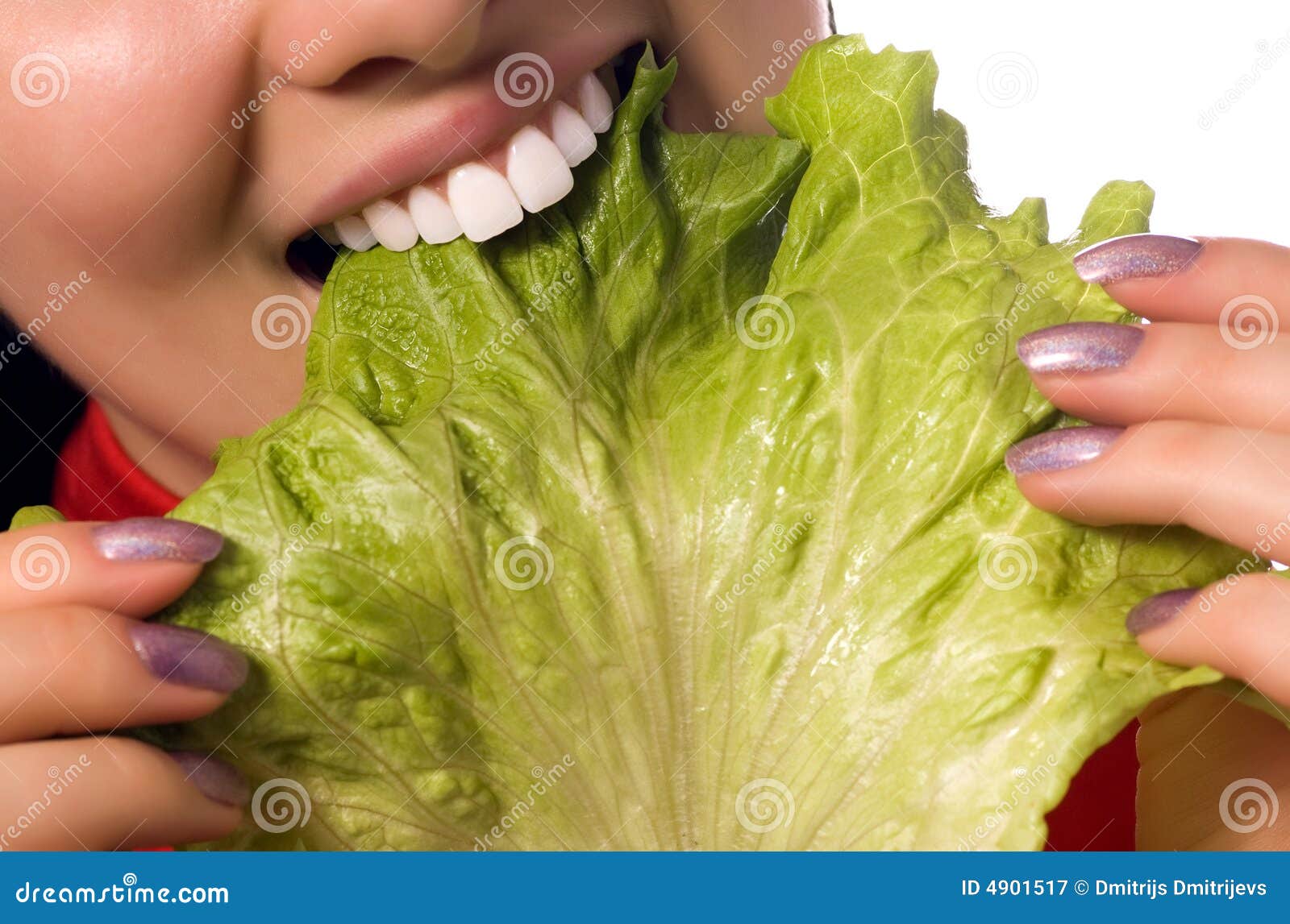 Close Up Girl is Eating a Salad Leaf Stock Image - Image of lettuce ...