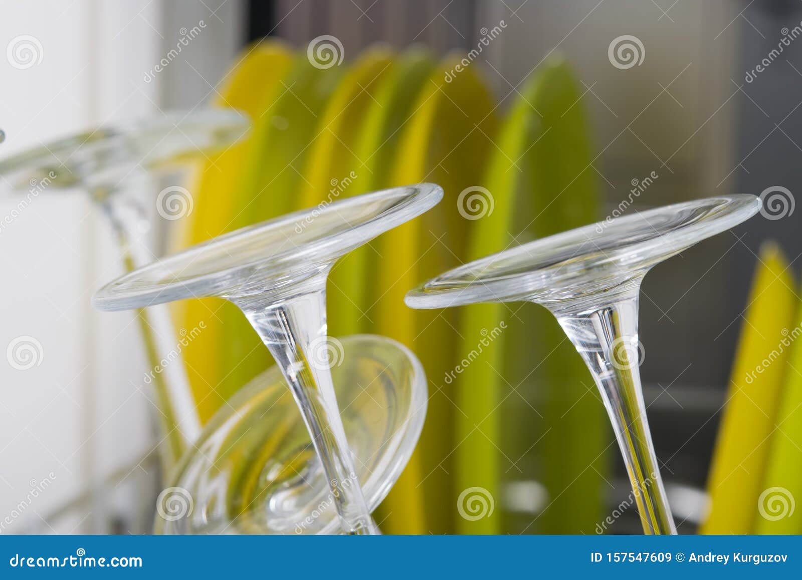 Close-up, Glass Cup Legs, on the Background of Clean Plates, in the ...