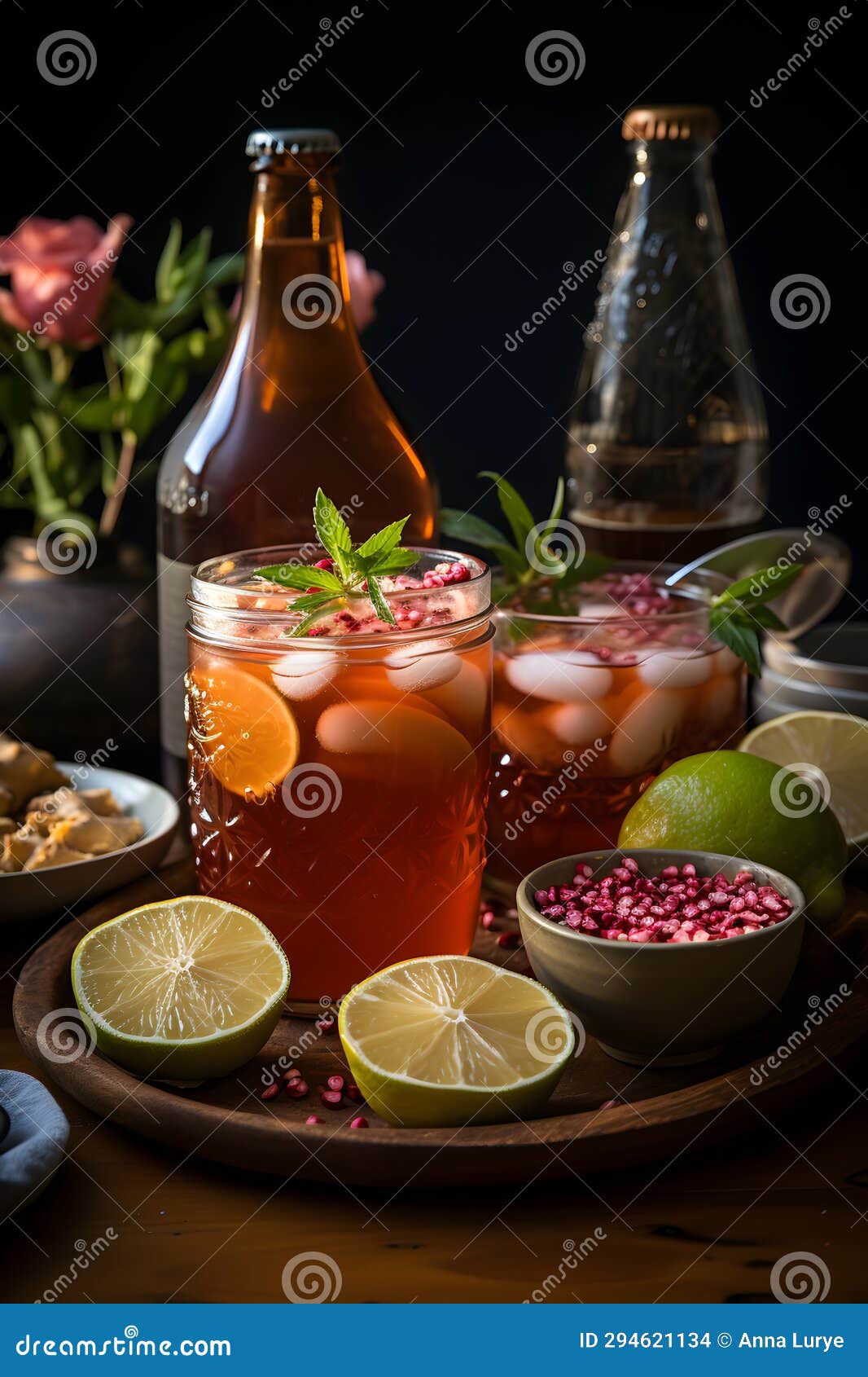 Close-up Glasses of Kombucha with a Bottle of Kombucha on a Background ...