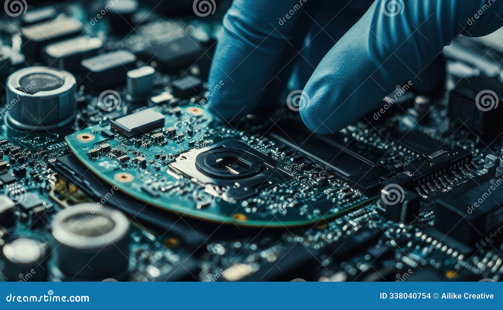 Close Up of a Gloved Hand Working on a Computer Motherboard Stock ...