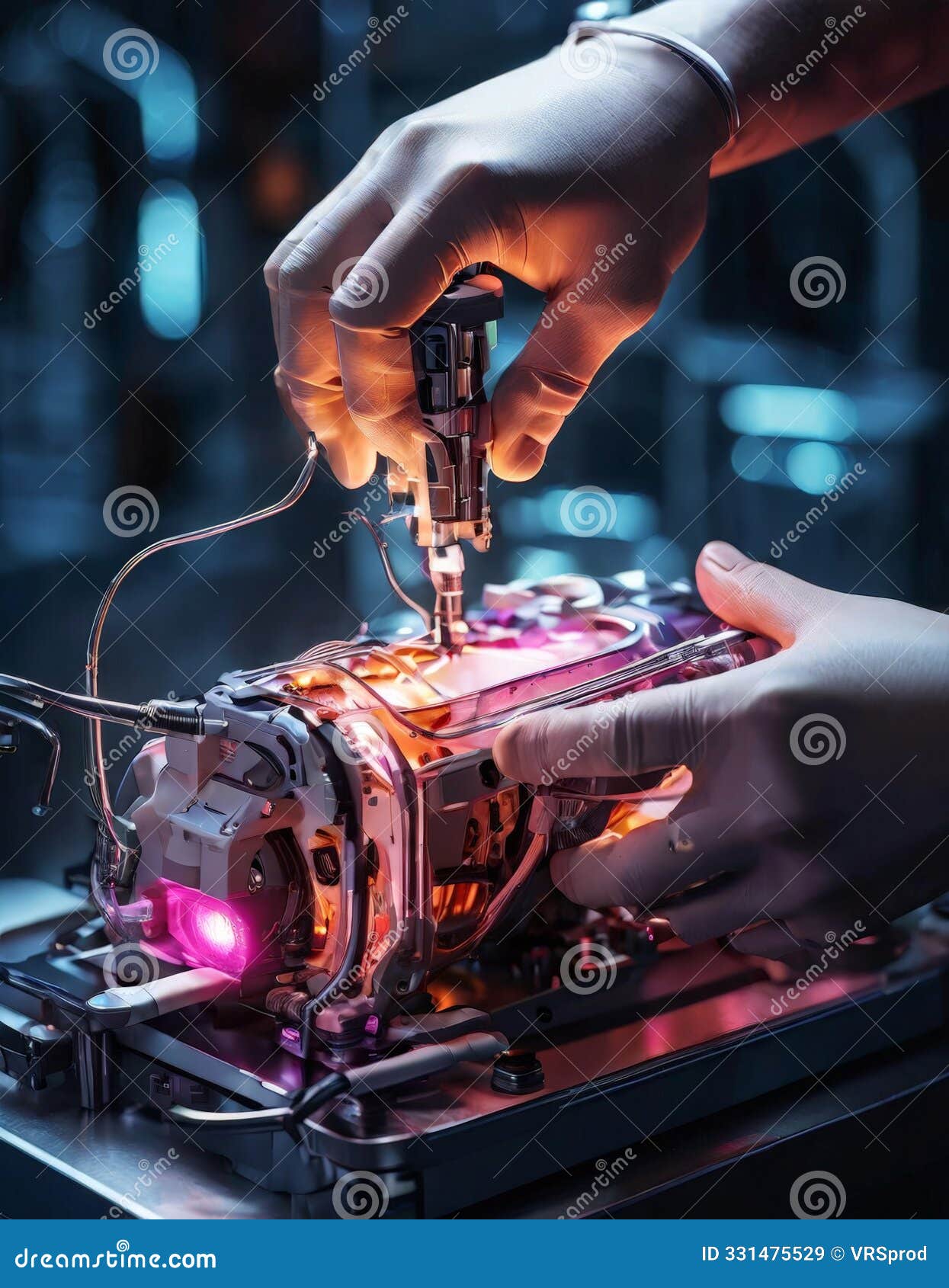 Gloved Hands Working on Intricate Robotic Mechanism Stock Image - Image ...