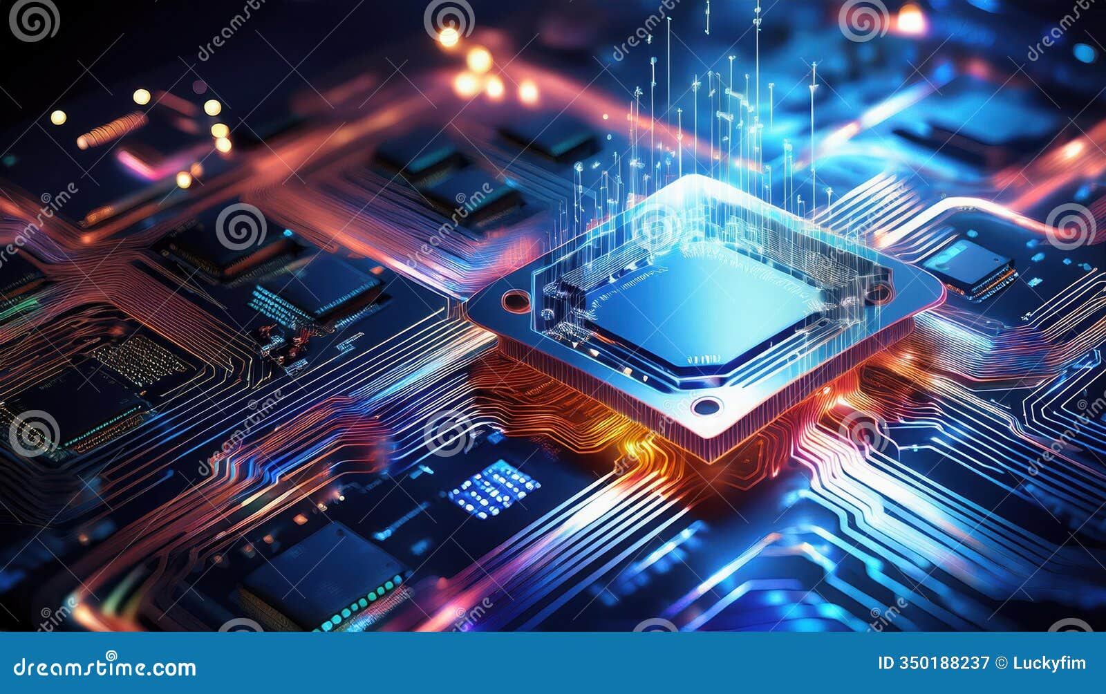 Close Up of Glowing AI Processor on Motherboard, with Binary Code ...