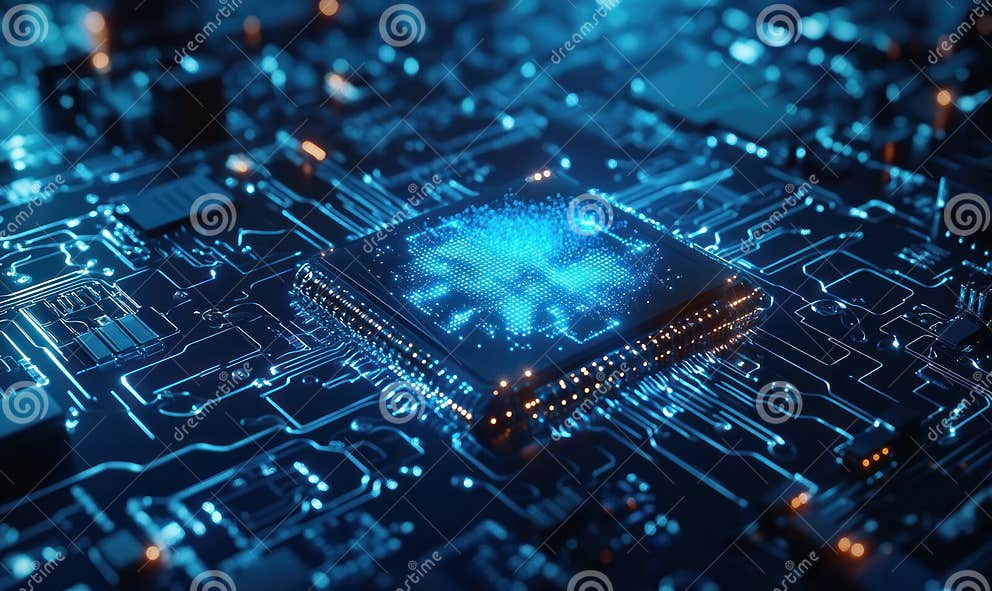 Close-up of a Glowing Blue Microchip Surrounded by Circuit Patterns in ...