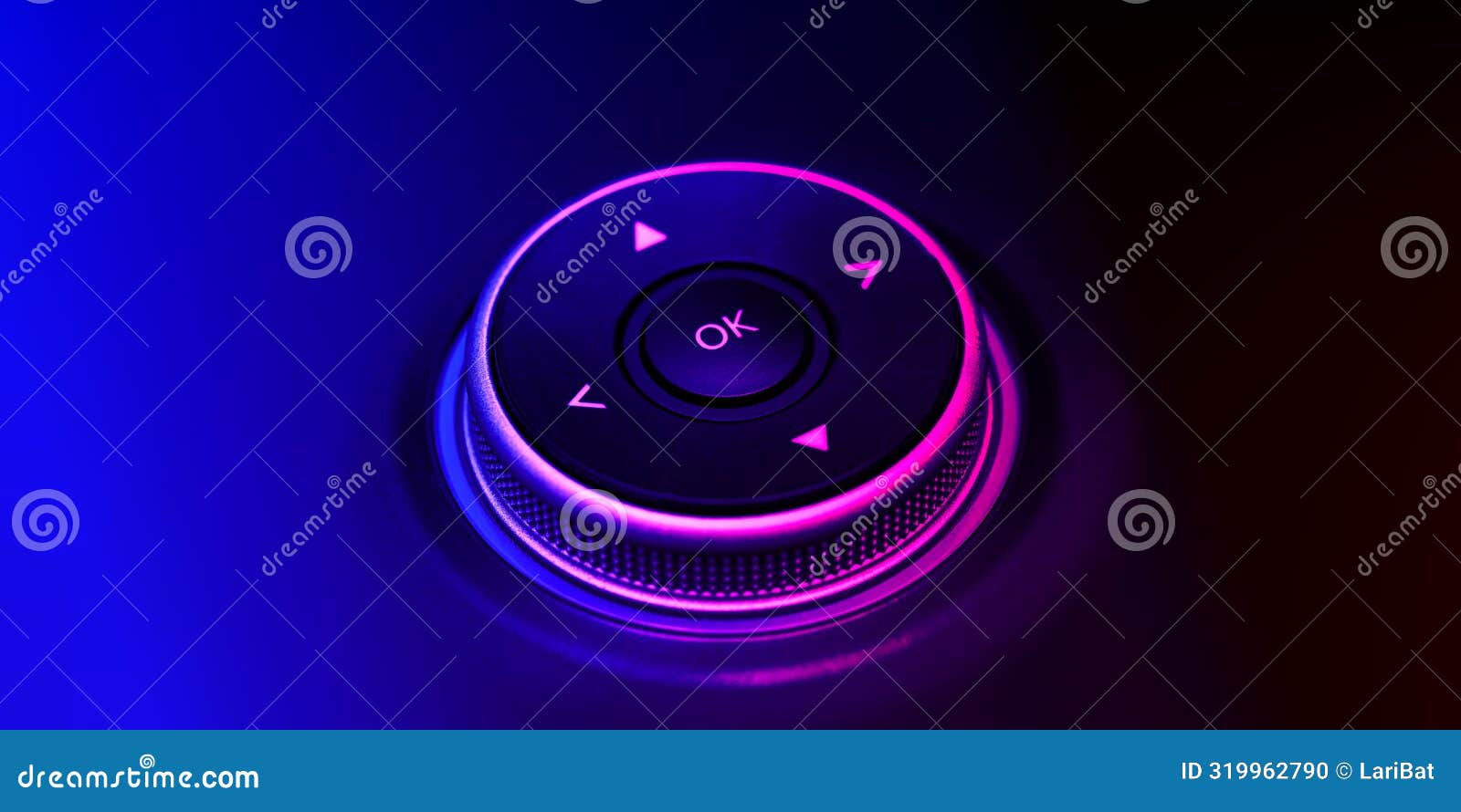 A Close-up of a Glowing Button Switch on a Black Background with Neon ...