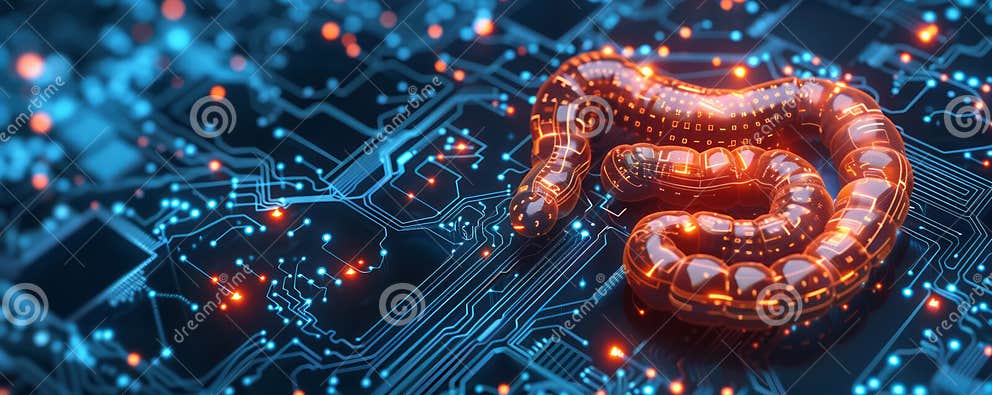 Close Up of a Glowing Digital Worm Crawling on a Computer Circuit Board ...