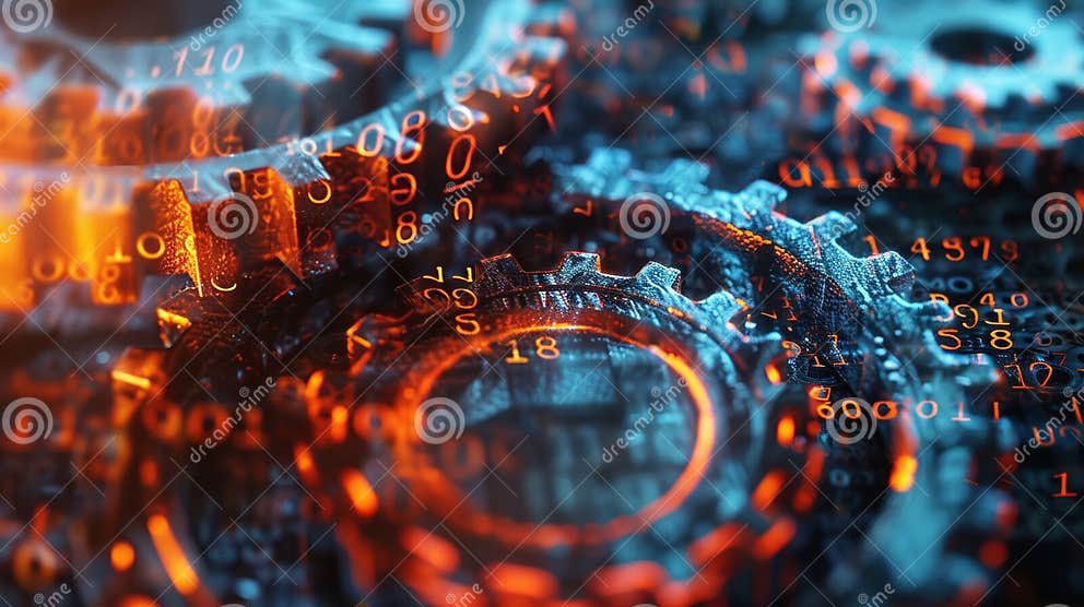 Close-up of Glowing Gears with Binary Code Overlay. Concept of Data ...