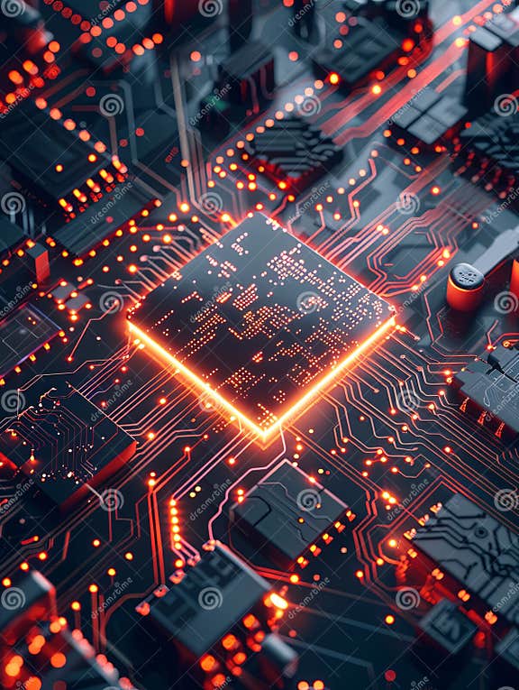 Close-up of a Glowing Microprocessor on a Circuit Board, Symbolizing ...