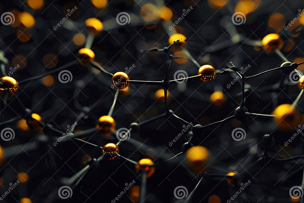 Close View of Molecular Nanostructure with Glowing Gold Nodes on Black ...