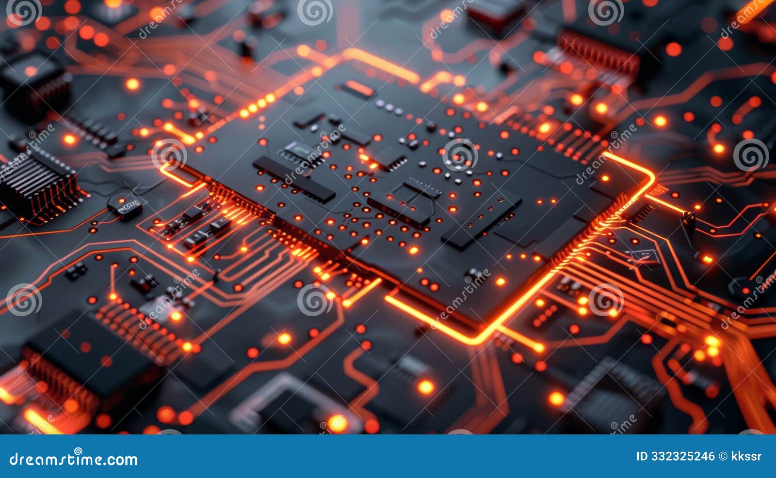 Close-up of Glowing Pathways on Dark Circuit Board with Neon Highlights ...