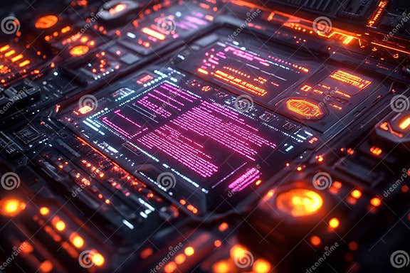 Close-up of a Glowing Terminal Interface with Lines of Code, Surrounded ...