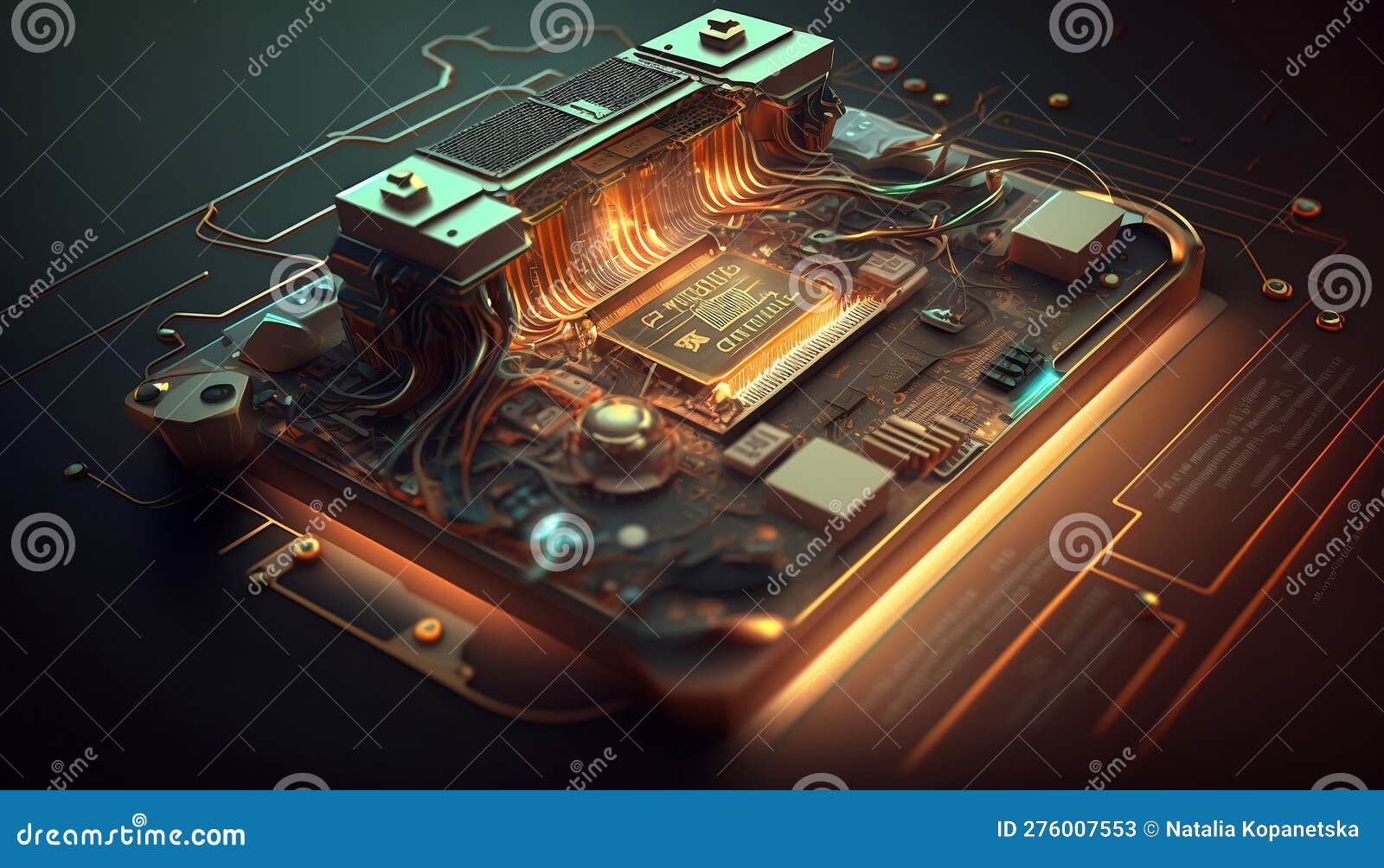 Close-up of Gold Metal Circuit Board Chip a Computer with Neon Lights ...