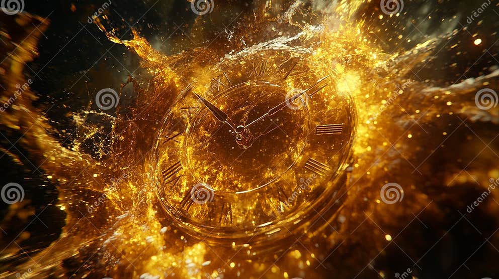 Close-up of a Golden Clock Exploding in a Burst of Energy Stock Image ...