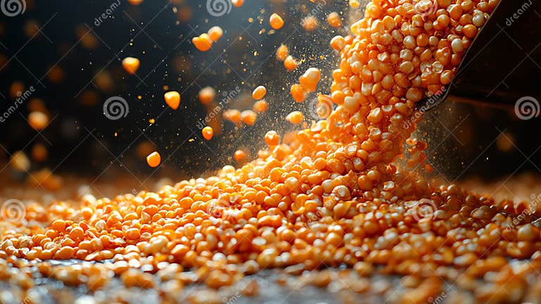 Close-up of Golden Corn Kernels Spilling from a Container in Dramatic ...